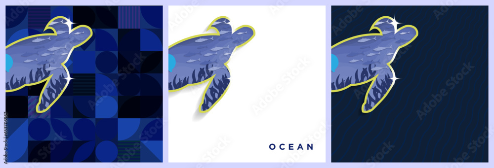 Set of Paper Art Origami of Marine Wildlife in gold turtle frame card ...