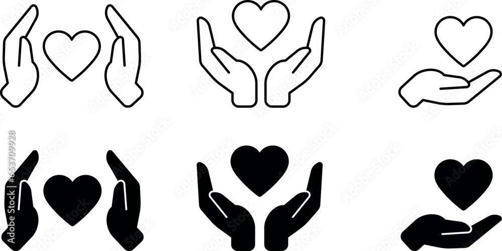 Hands holding heart icon. Heart in hand icons set. Donation and giving ...