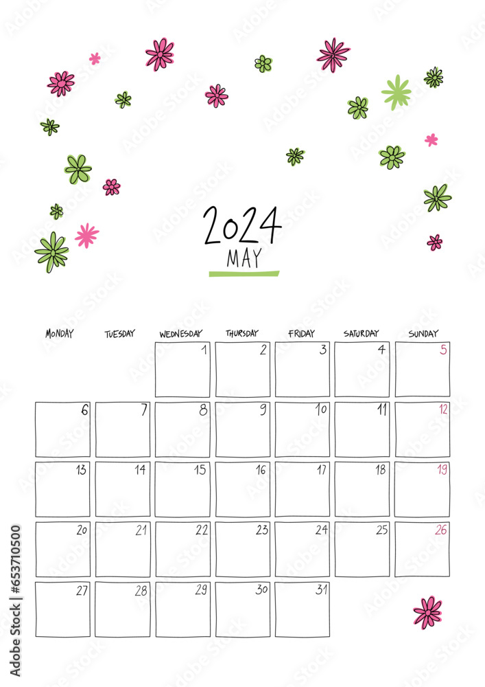 May 2024 wall calendar. Sketch style. Printable A4 portrait template ...