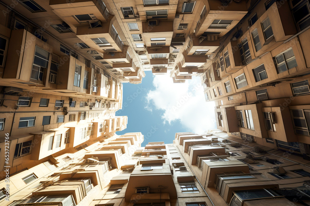 City view of the sky, building well with dense architecture Stock ...