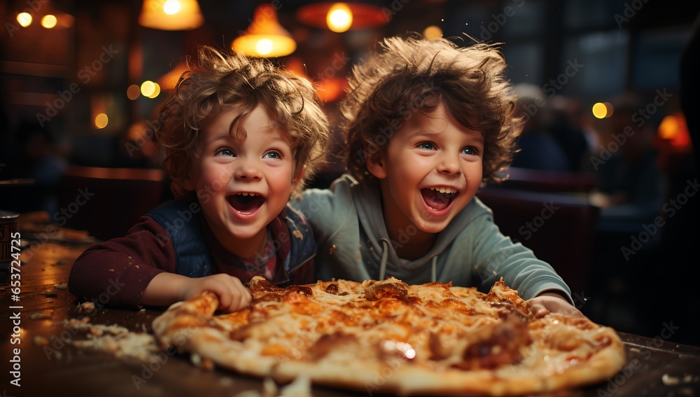 Kids eating pizza, generative AI Stock Illustration | Adobe Stock