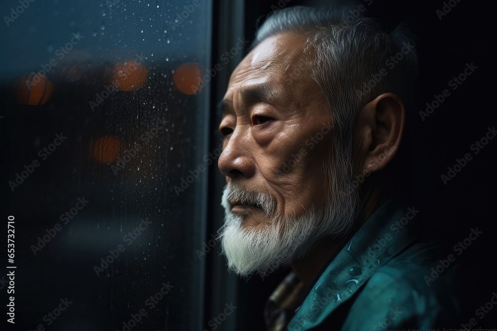 Senior asia man sad and depressed looking out of the window with ...