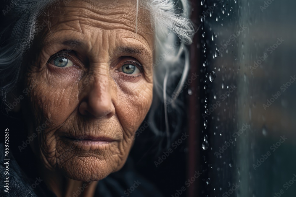 Senior woman sad and depressed looking out of the window with raindrops ...