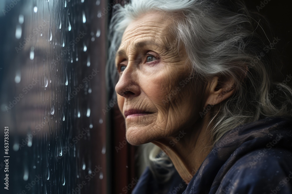 Senior woman sad and depressed looking out of the window with raindrops ...
