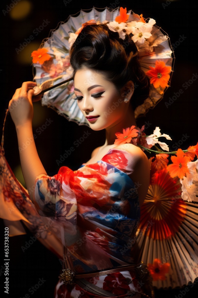 Vibrant geisha woman wearing a red and blue kimono performing a ...
