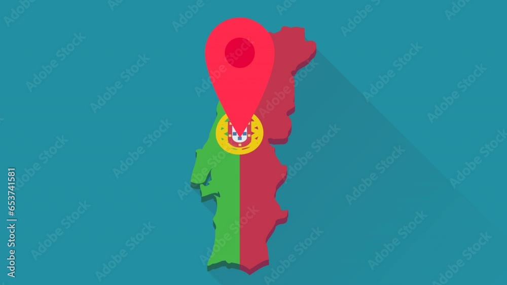 Portugal location animation loop with red location marker jumping on 3D ...