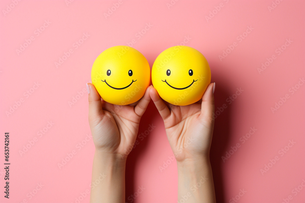 Hands of woman's hold two smiles on pink background protects positive ...