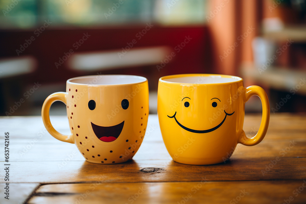 Two cups of hot drinks coffee to tea with smiles drawn on them in cafe ...