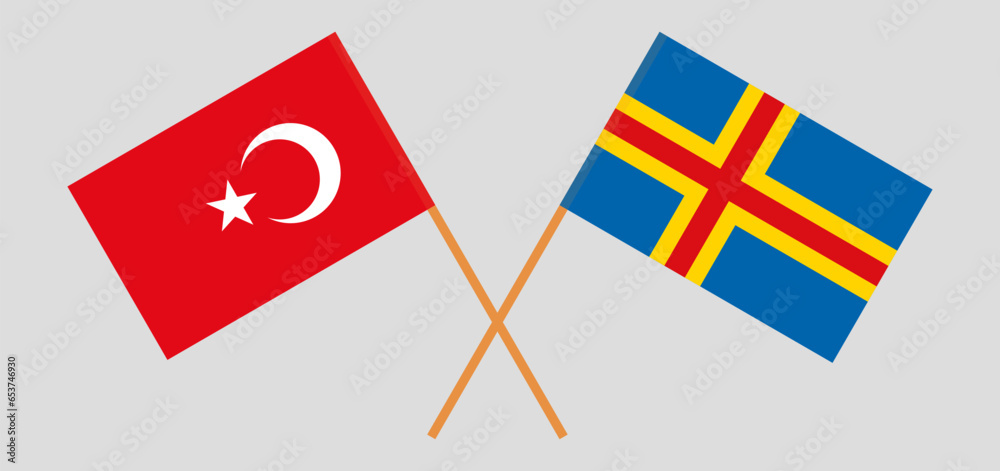 Crossed flags of Turkiye and Region of Aland. Official colors. Correct ...