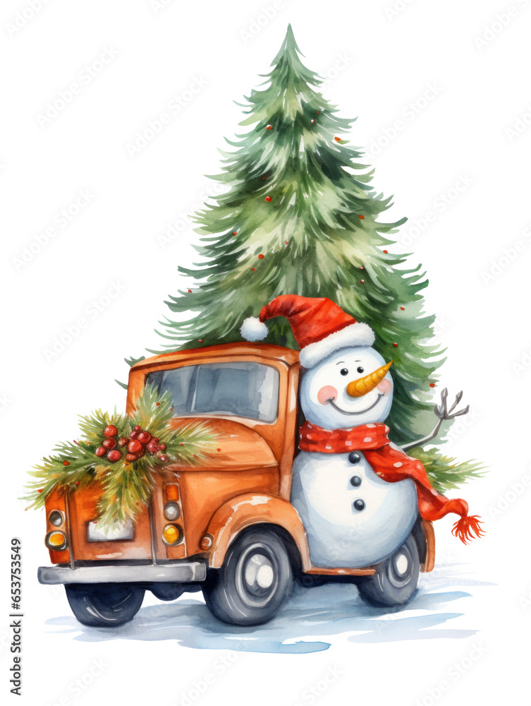 Watercolor Christmas truck Snowman and Christmas tree clipart, cute ...