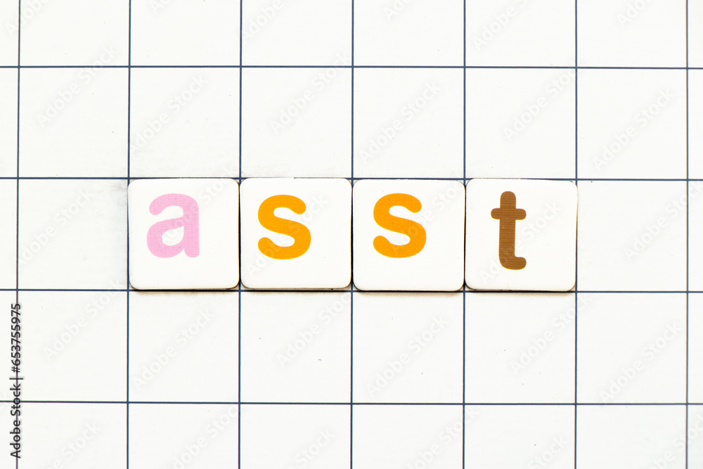 Colorful tile letter in word ASST (abbreviation of assistant) on white ...