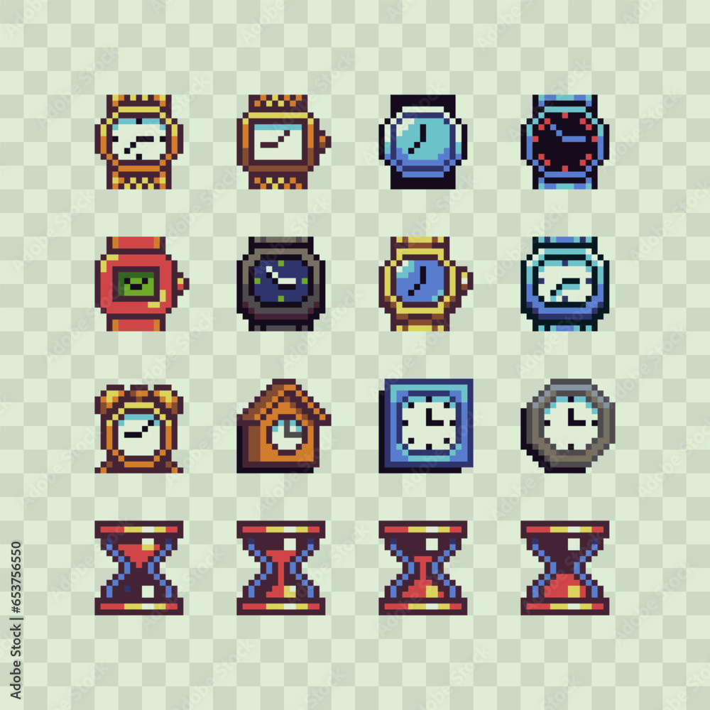 Vetor de Clock and time pixel art icon set, 8-bit sticker design pack ...