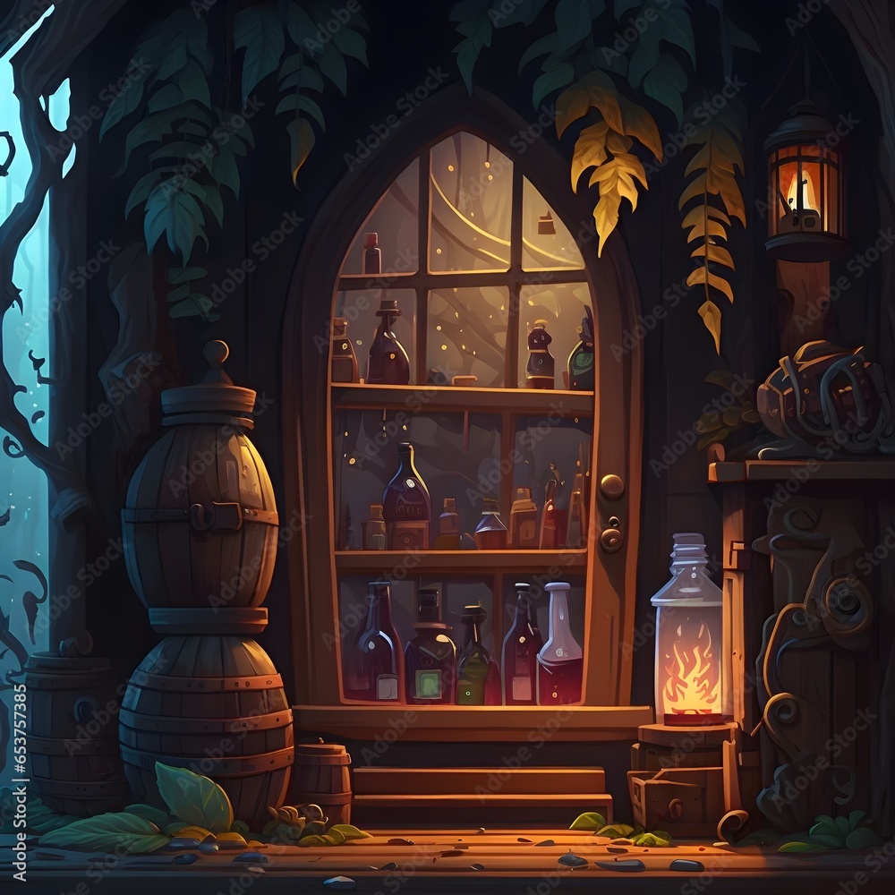 wizard workshop background game art cartoony wood potions window night ...