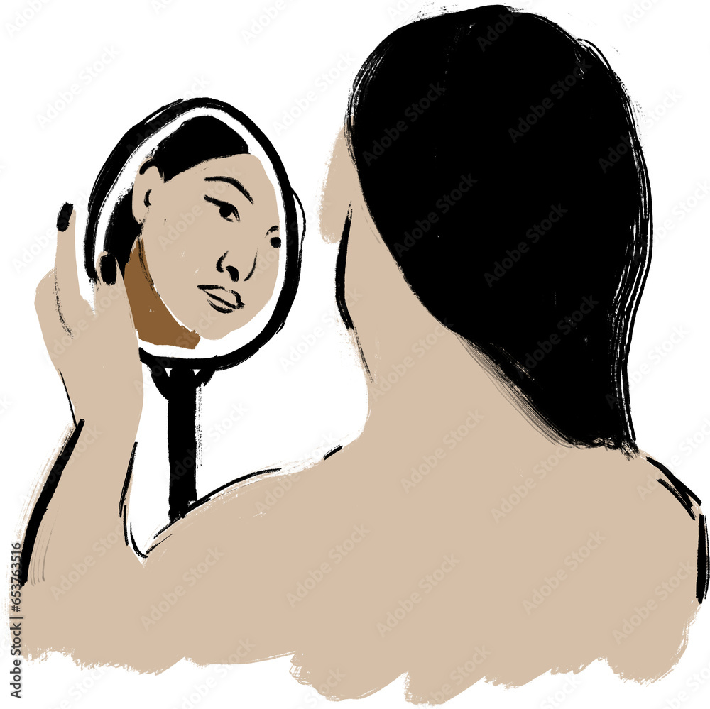 Hand drawn illustration of woman looking at mirror, beige black cartoon ...