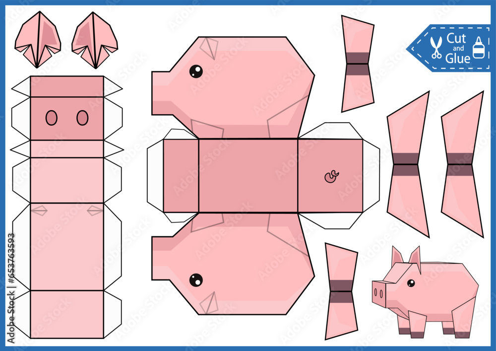 Craft game cut and glue paper 3d pig. Kids papercraft template cute ...