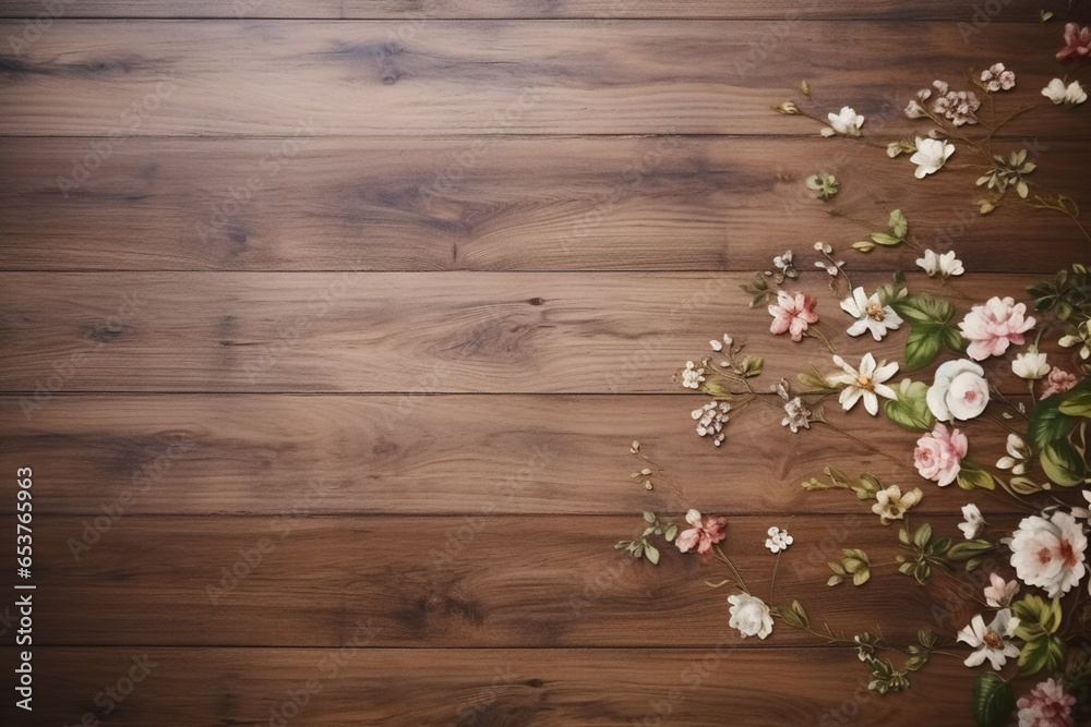 Antique wooden country table with flowers and floral design, wood ...