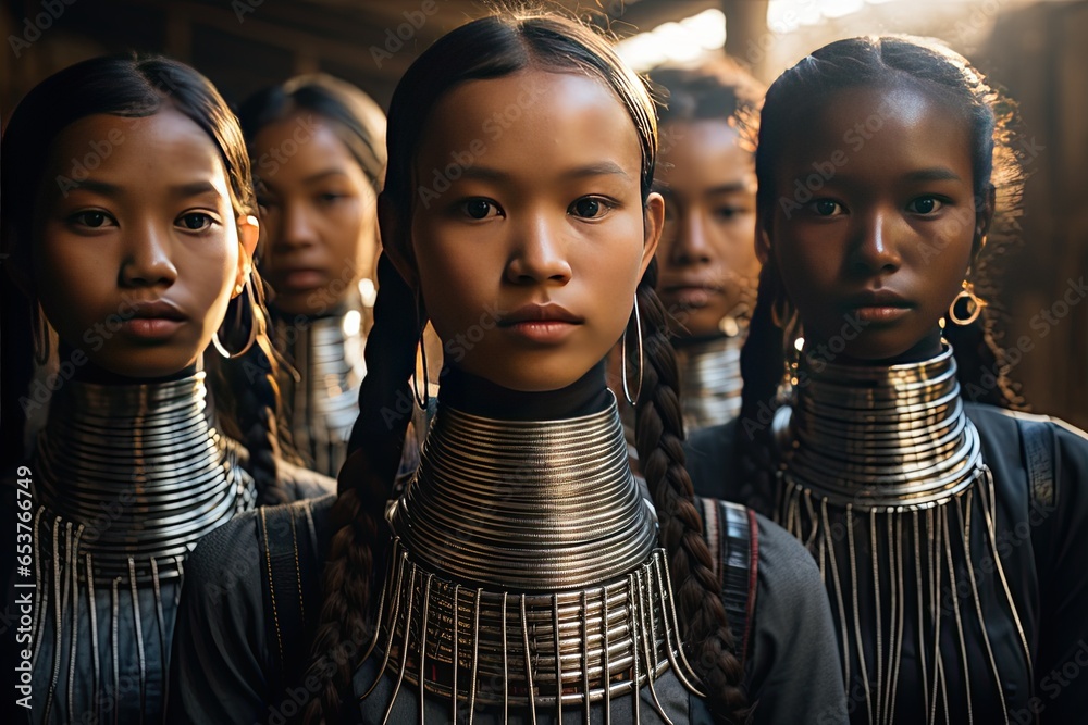 Long-necked Kayan woman wearing traditional brass neck rings in a village in Myanmar,Generated ...