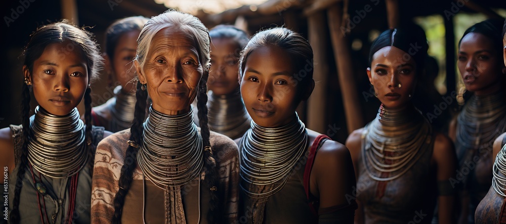 Long-necked Kayan woman wearing traditional brass neck rings in a village in Myanmar,Generated ...