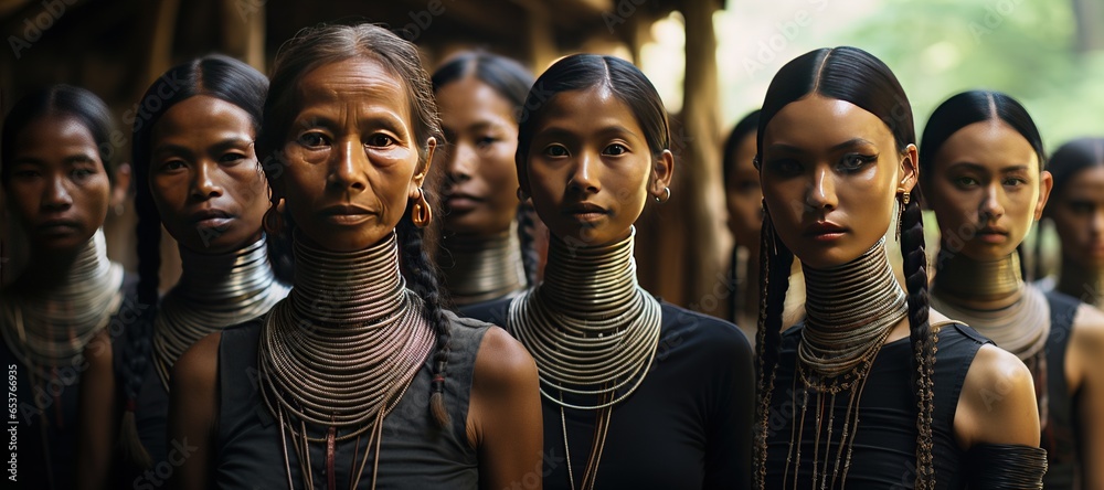 Long-necked Kayan woman wearing traditional brass neck rings in a village in Myanmar,Generated ...
