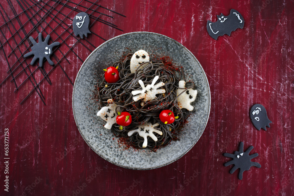 Traditional Halloween octopus spaghetti with Dracula spiders, bats and ...