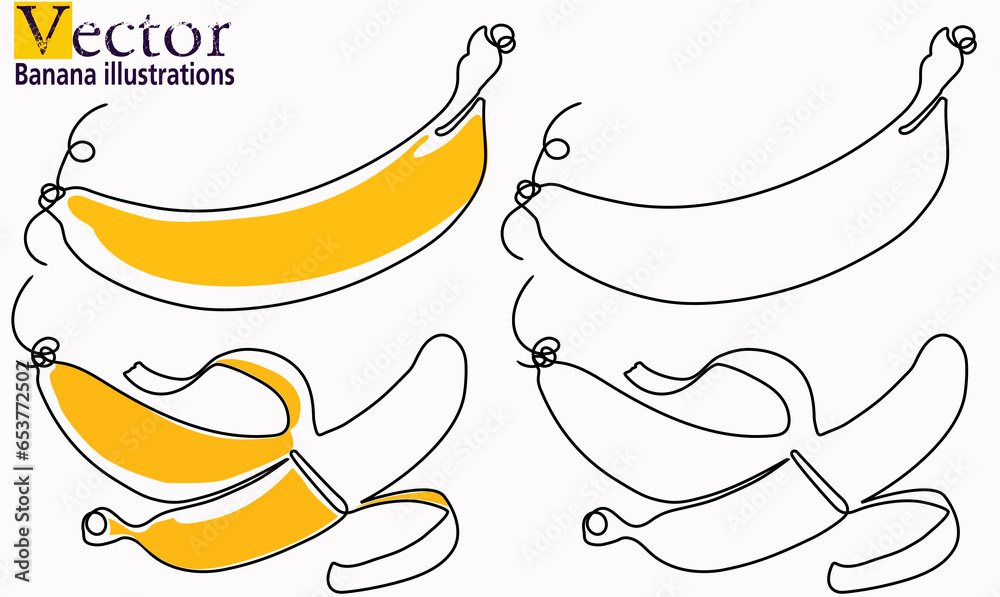 banana vector sketch, illustration of a split banana, continuous line ...