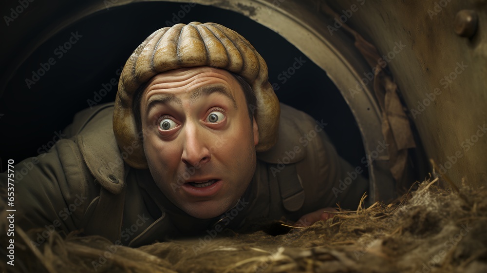 World War I soldier who is shell shocked, eyes wide, PTSD, can't sleep ...