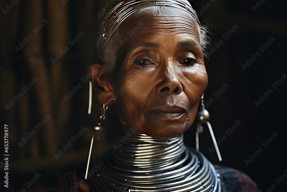 Long-necked Kayan woman wearing traditional brass neck rings in a ...