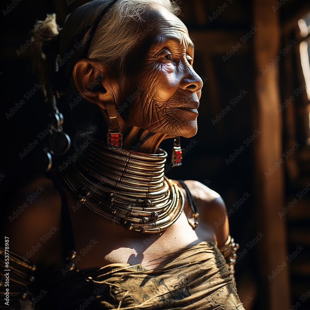 Long-necked Kayan woman wearing traditional brass neck rings in a village in Myanmar,Generated ...