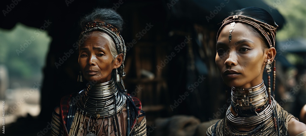 Long-necked Kayan woman wearing traditional brass neck rings in a village in Myanmar,Generated ...
