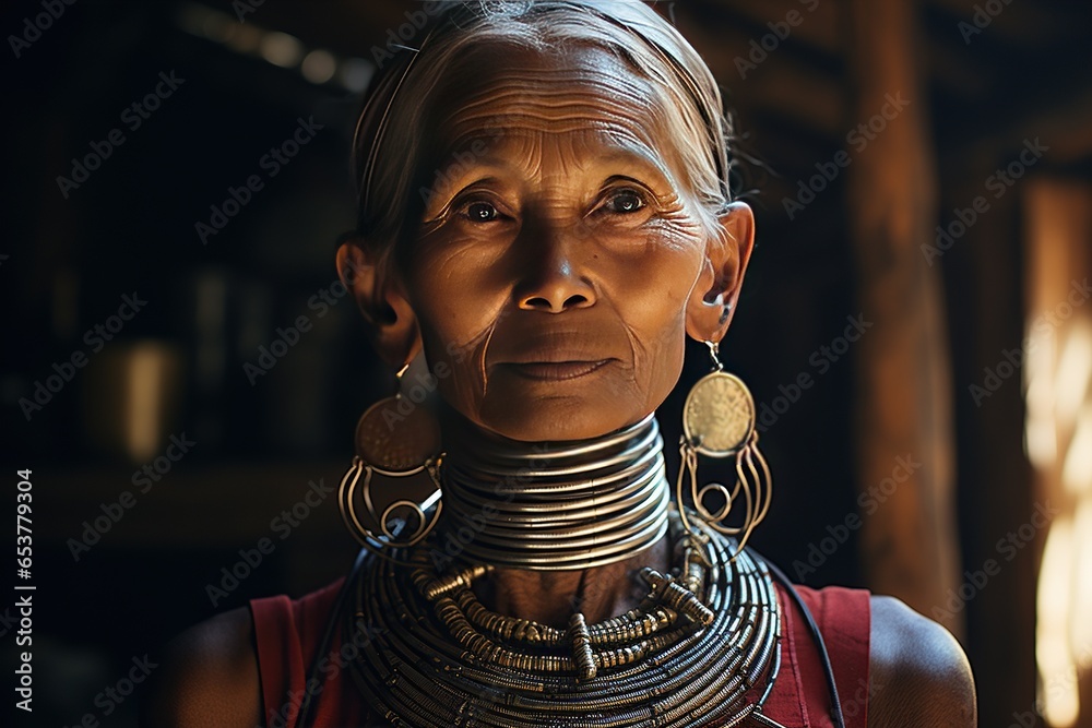 Long-necked Kayan woman wearing traditional brass neck rings in a village in Myanmar,Generated ...