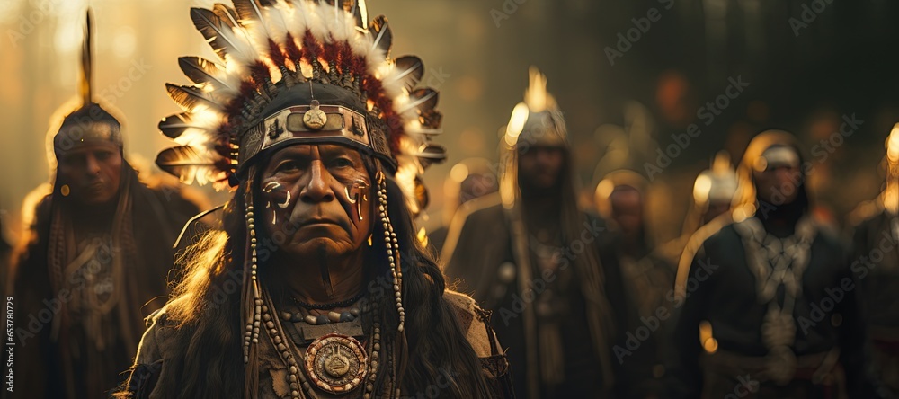 Group of Native American riders on horseback, carrying tomahawks and ...