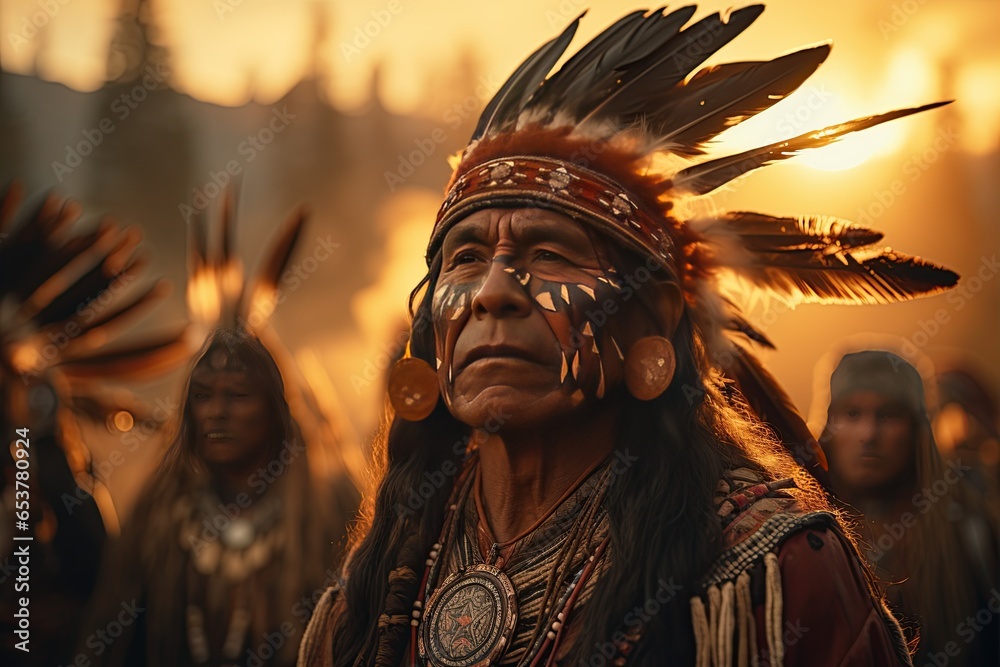 Group of Native American riders on horseback, carrying tomahawks and ...
