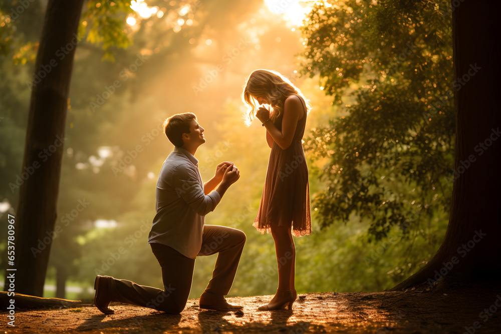 Foto de Mann auf seinen Knien macht seiner Frau einen Heiratsantrag, erstellt mit generativer KI ...