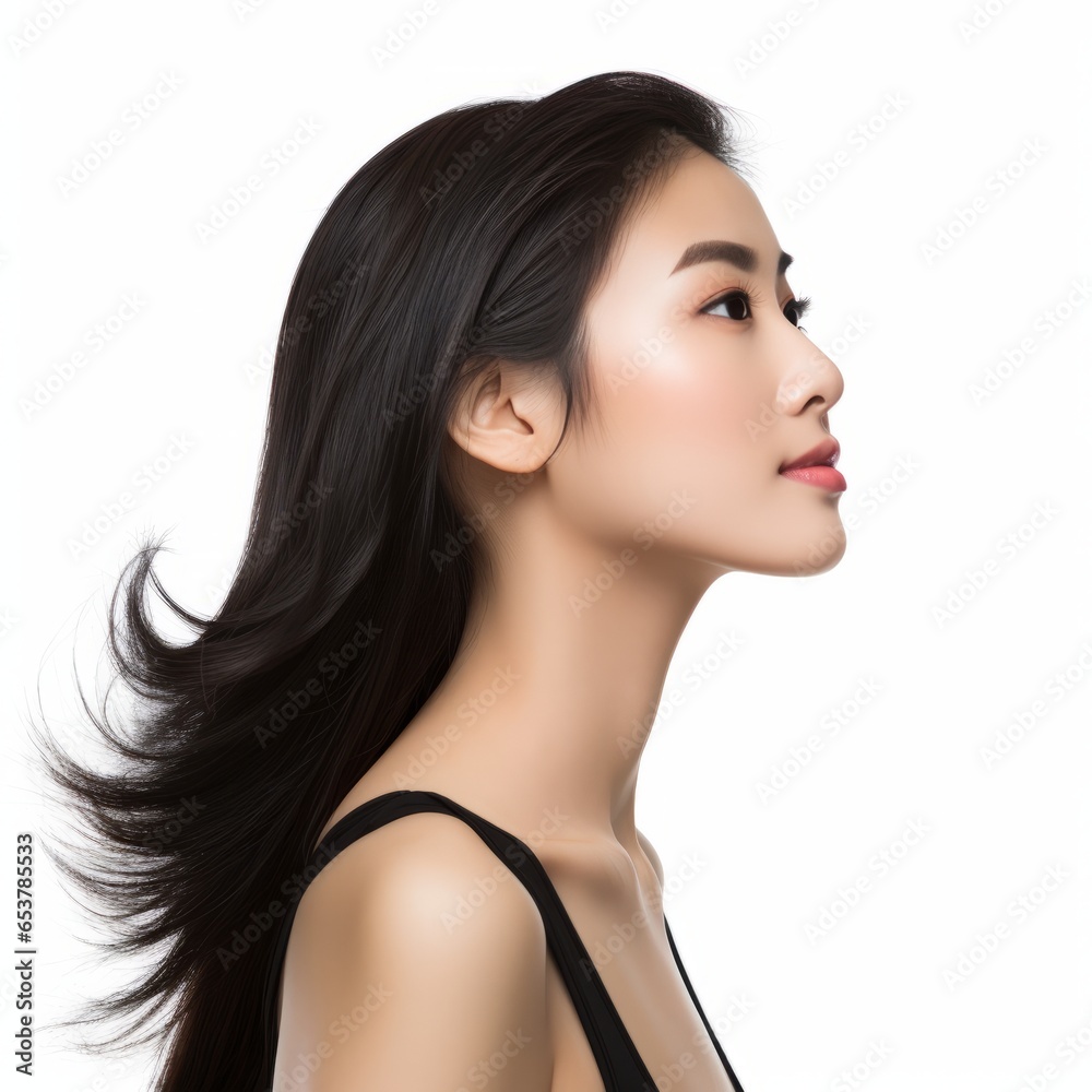 closeup side profile portrait of beautiful asian woman with hair ...