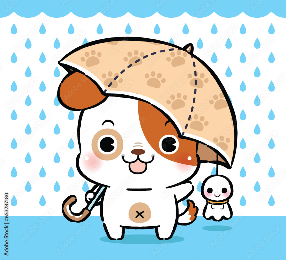 Cute Cartoon Dog with an Umbrella for a Walk in Rain. Teru Teru Bozu ...