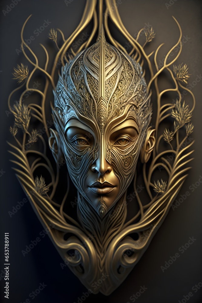 Interpretation Of An Androgynous Alien Head Master Artwork In Old Leaf And Graphite Style