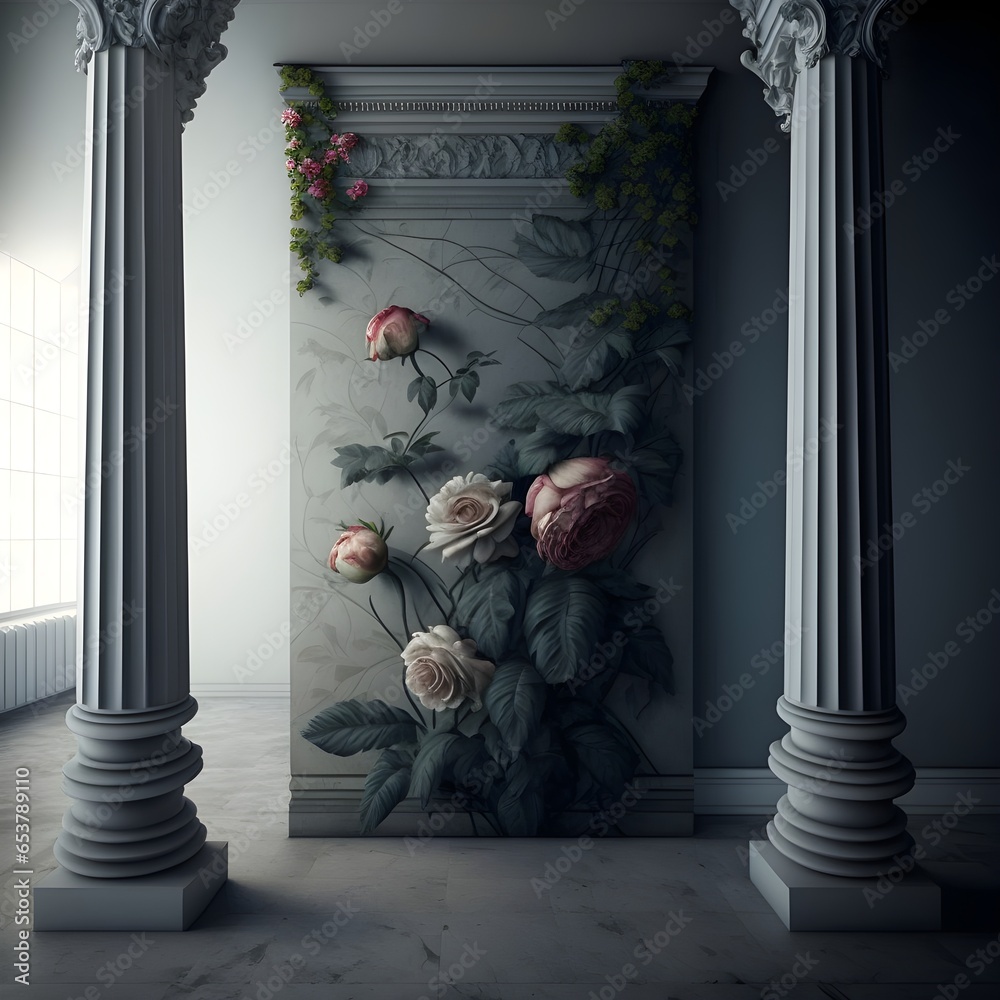 floral draping roses wall photo realistic room pillars high resolution ...
