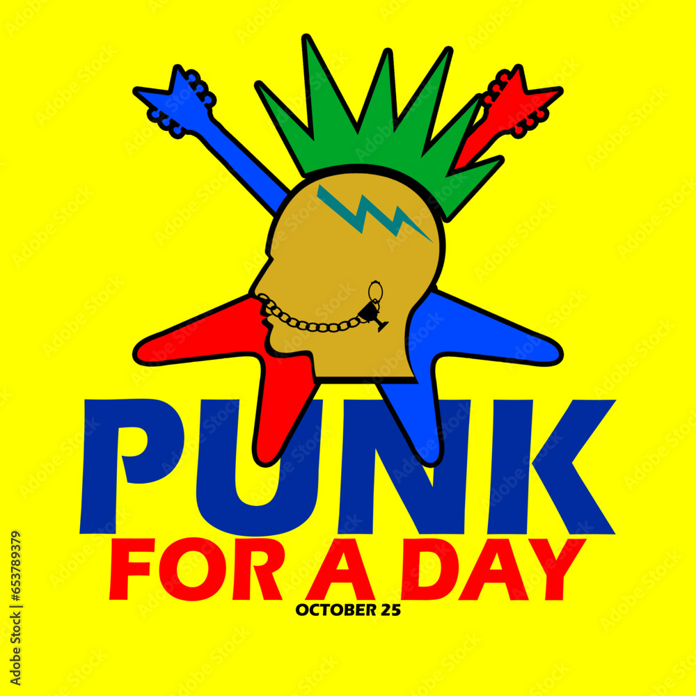 Head icon with green punk hair and two electric guitars behind, with ...