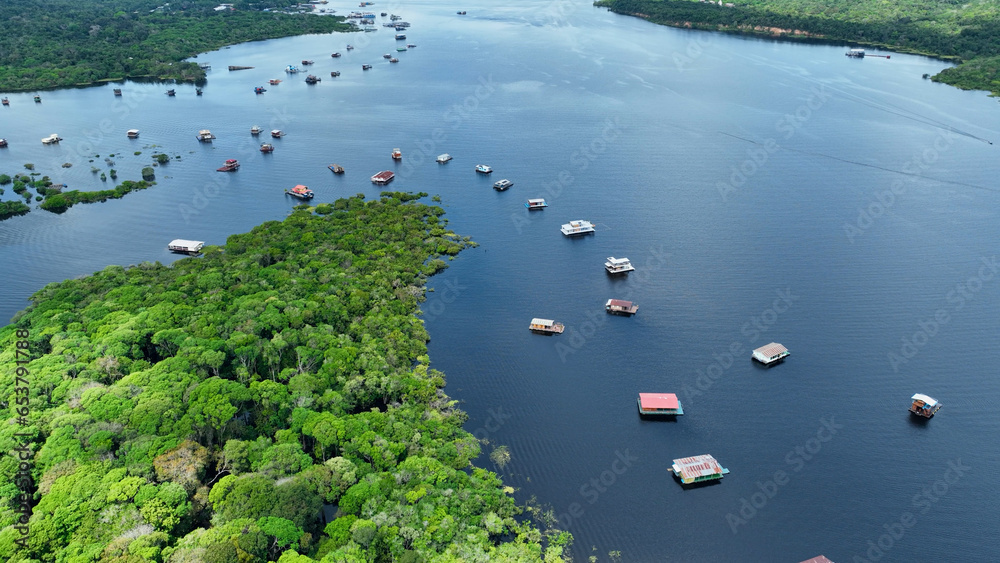 Floating restaurants of Amazon River at Amazon Forest. Manaus Brazil ...