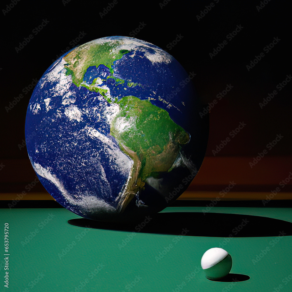 Cue ball near a much larger planet Earth, both lying still on the flat ...