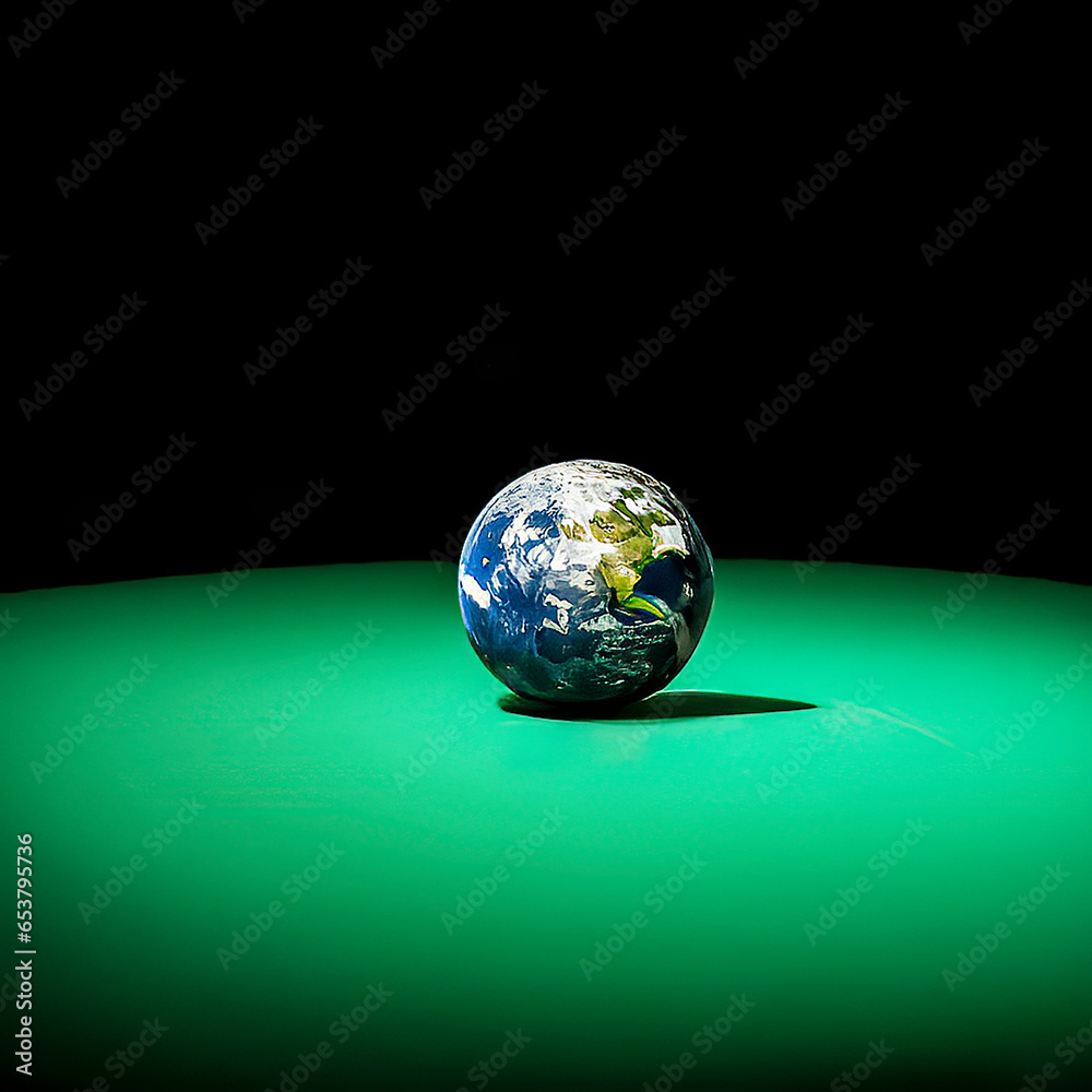 Earthlike planet in dramatic spotlight on the flat lime green surface ...