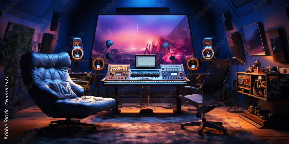 a modern music recording studio where you see the artist recording in a ...