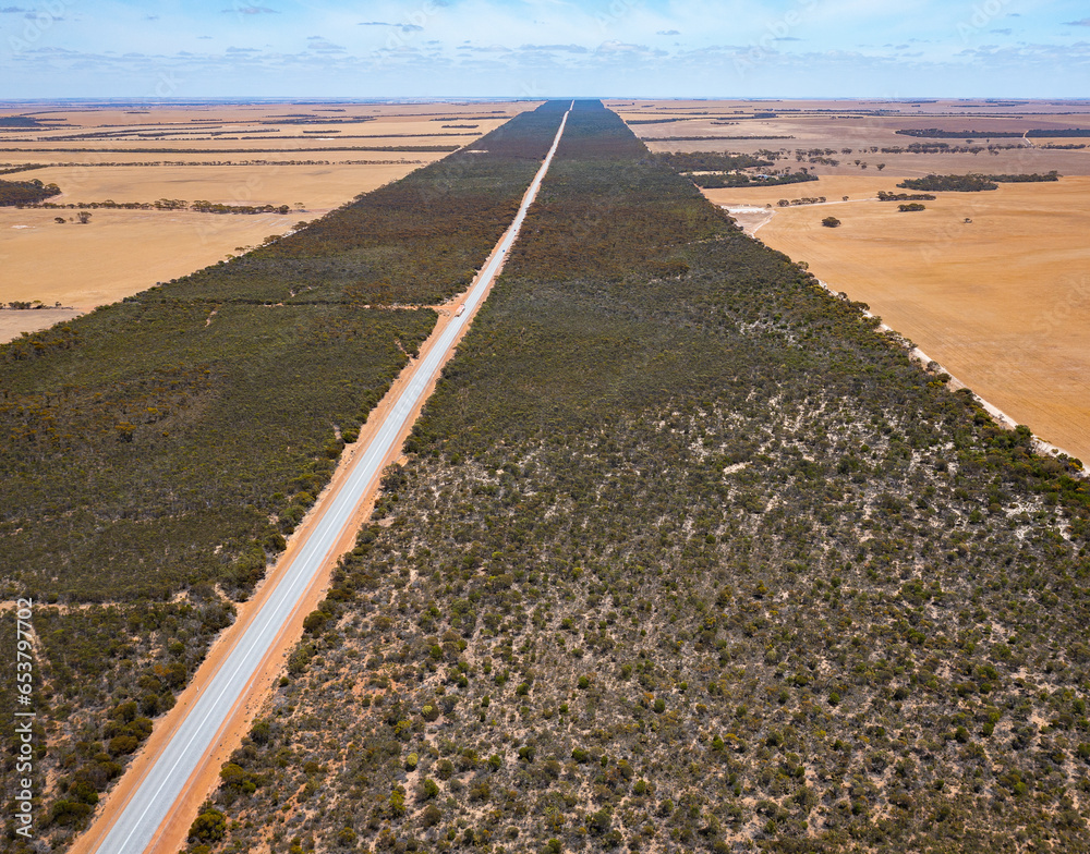 aerial view of long straight road edged by with remnant vegetation ...