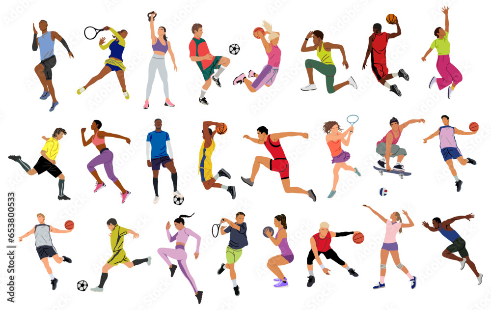 Bundle of different men and women performing various sports activities ...