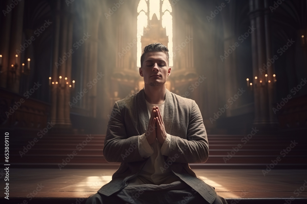 Christian man is sitting prayerfully in a grand church with his hands ...