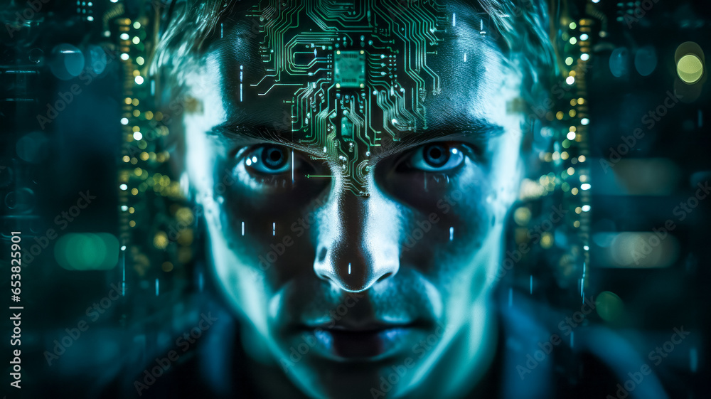 AI concept. Portrait of a futuristic man with an electronic circuit on ...