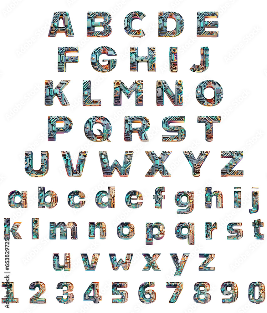 Electronic alphabet, microchip wiring with letters and digits from ...