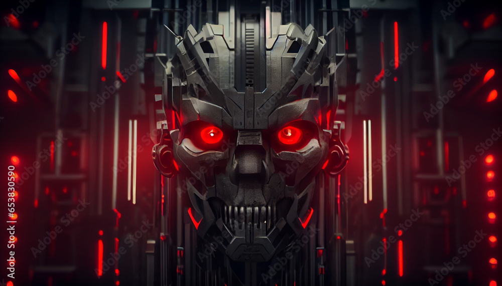 Evil robot head with glowing red eyes in data center, Ai generated ...