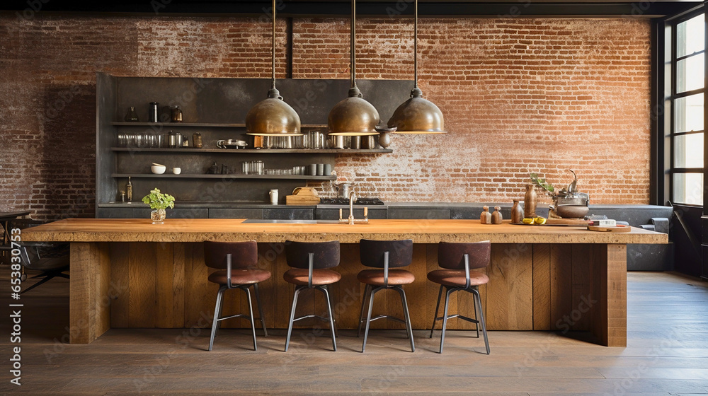 In a loft architecture, an oversized industrial kitchen island with ...