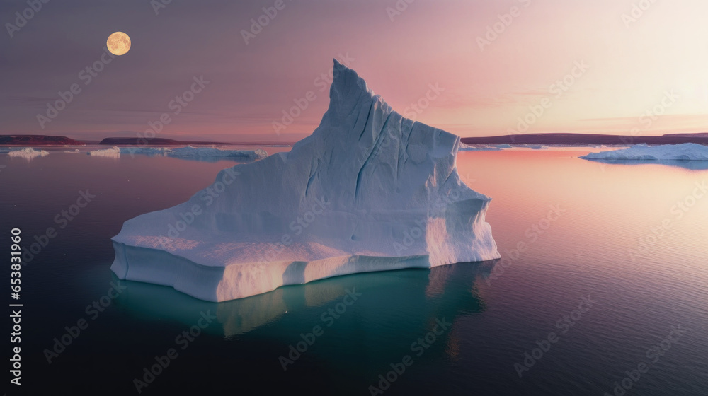 iceberg en pleine mer, mer calme au couché de soleil avec la pleine ...